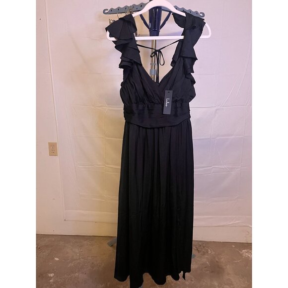 Dresses | Nwt Lulus Regal Ruffles Black Satin Flutter Sleeve Midi Dress ...